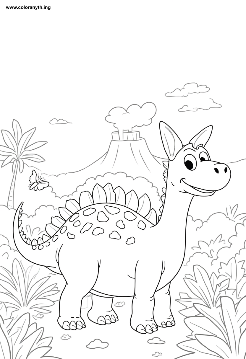 Happy Stegosaurus in a Prehistoric Paradise - Free Printable Coloring Page