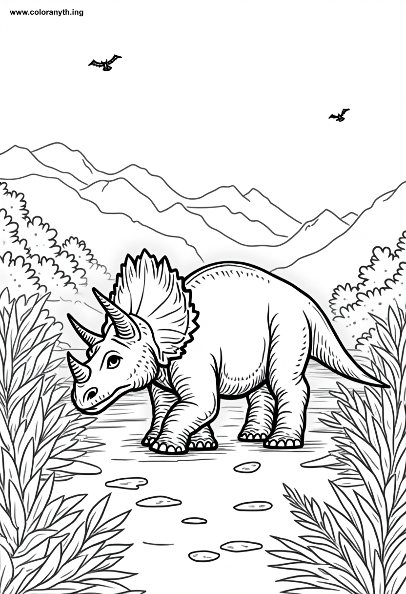 Triceratops in a Prehistoric Paradise - Free Printable Coloring Page